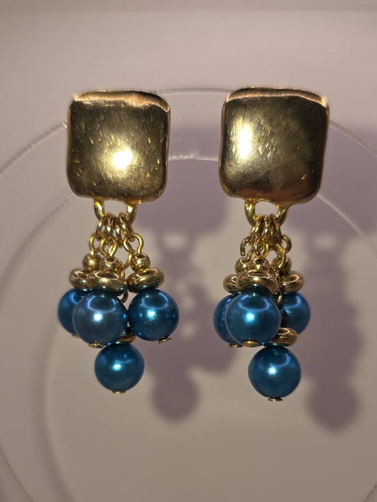 Jewelry | Gold Drop Earrings With Blue Pearl Clusters | Poshmark